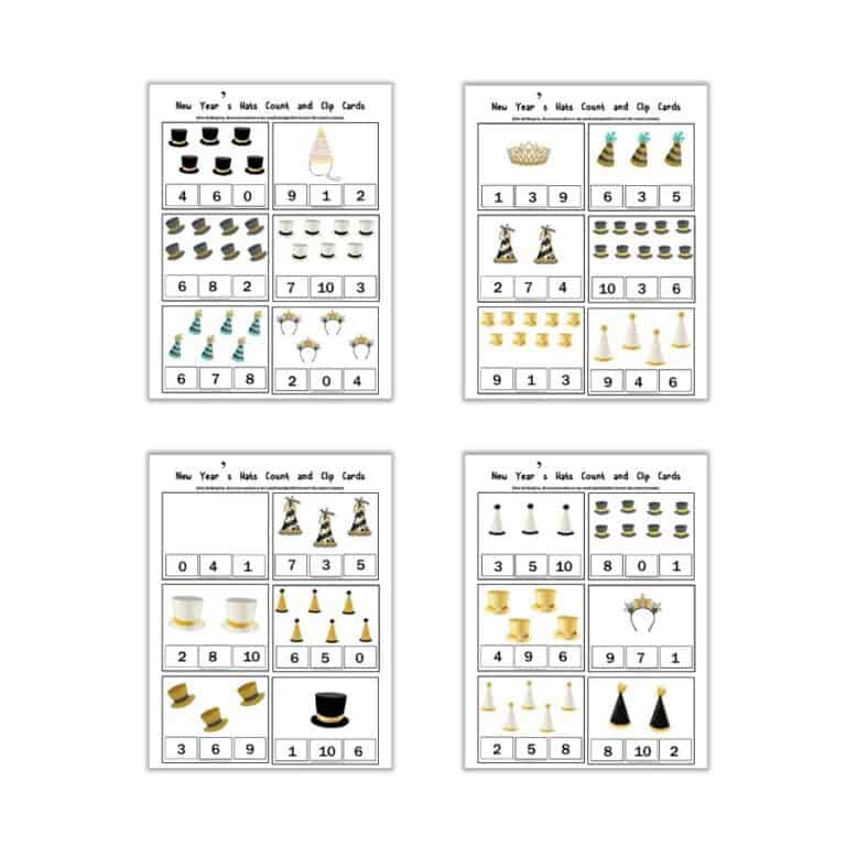New Year’s Hats Count and Clip Cards for Preschoolers